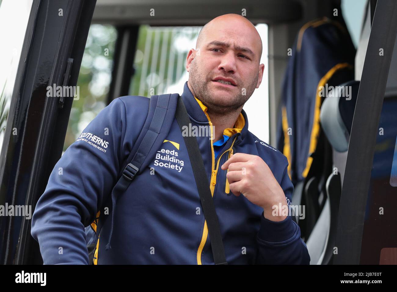 Bodene Thompson #19 of Leeds Rhinos arrives at The Halliwell Jones ...