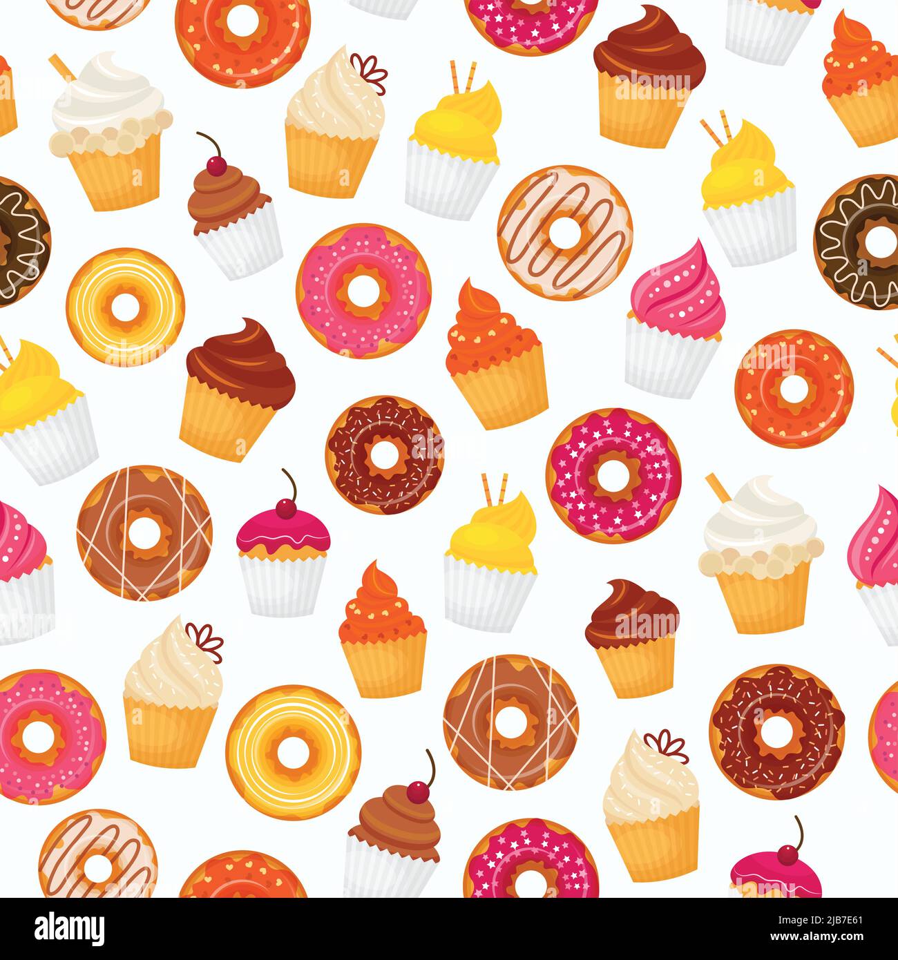 Sweet and tasty food dessert donut and cupcakes seamless pattern vector ...