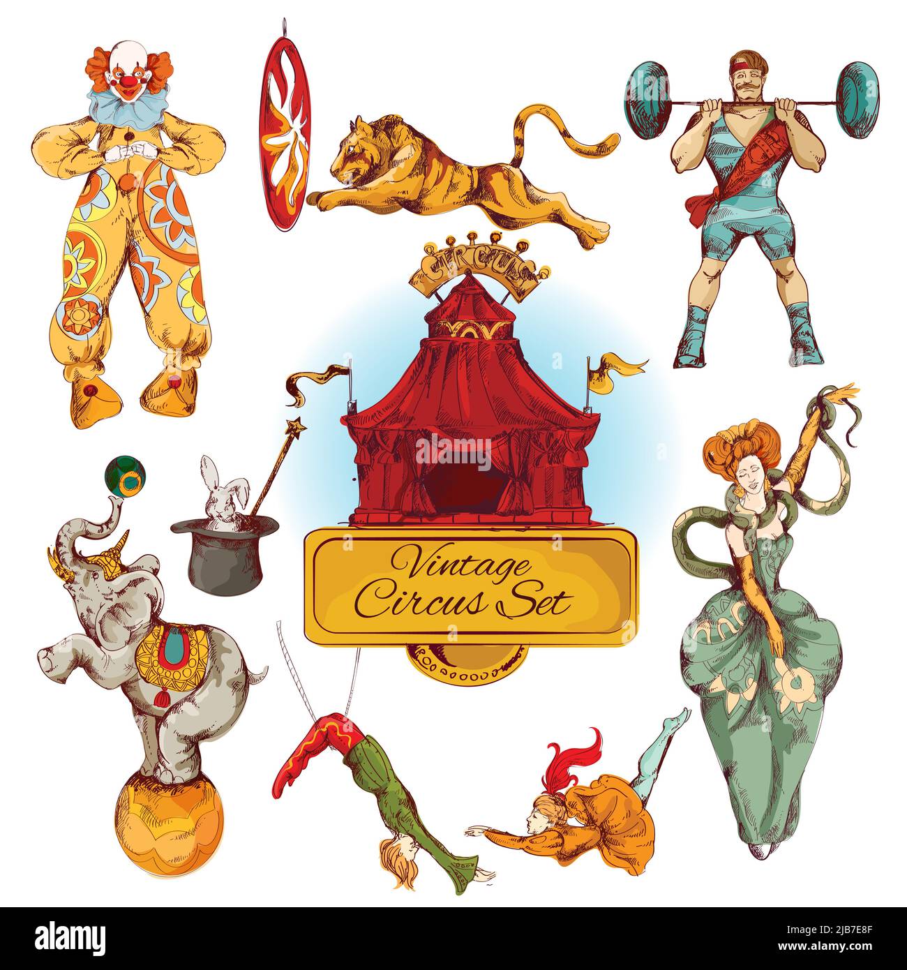 Decorative circus magic fairy wand and clown trick design vintage icons ...