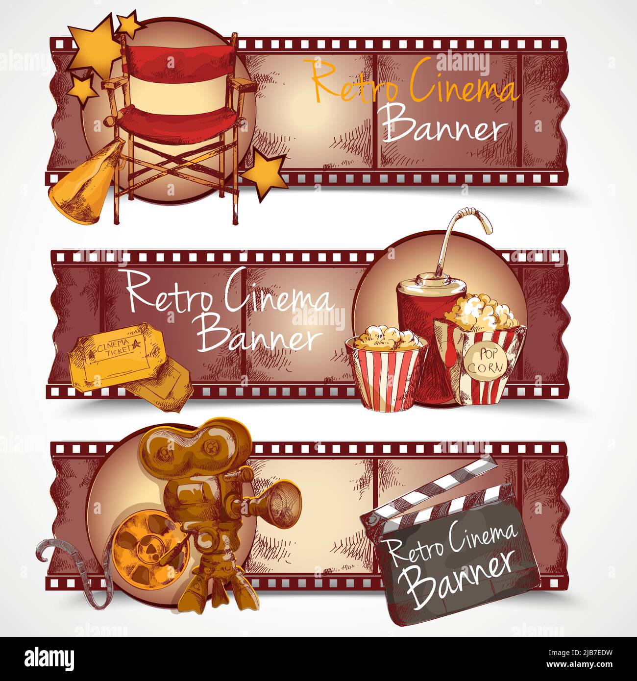 Cinema entertainment media hand drawn retro banners isolated vector ...