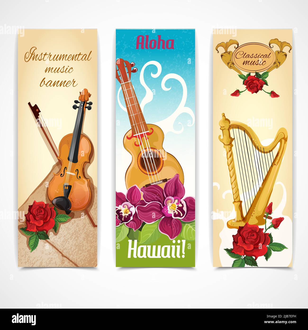 Musical instruments vertical decorative banners set with harp guitar ...