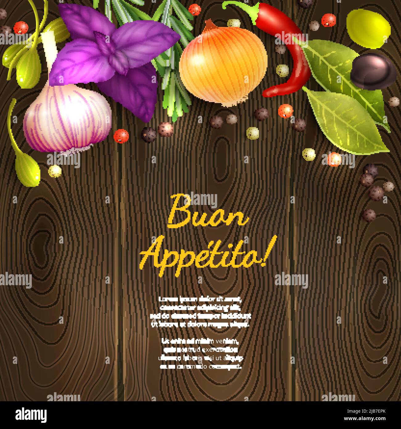Herbs and spices on dark wooden background with Enjoy your meal title ...