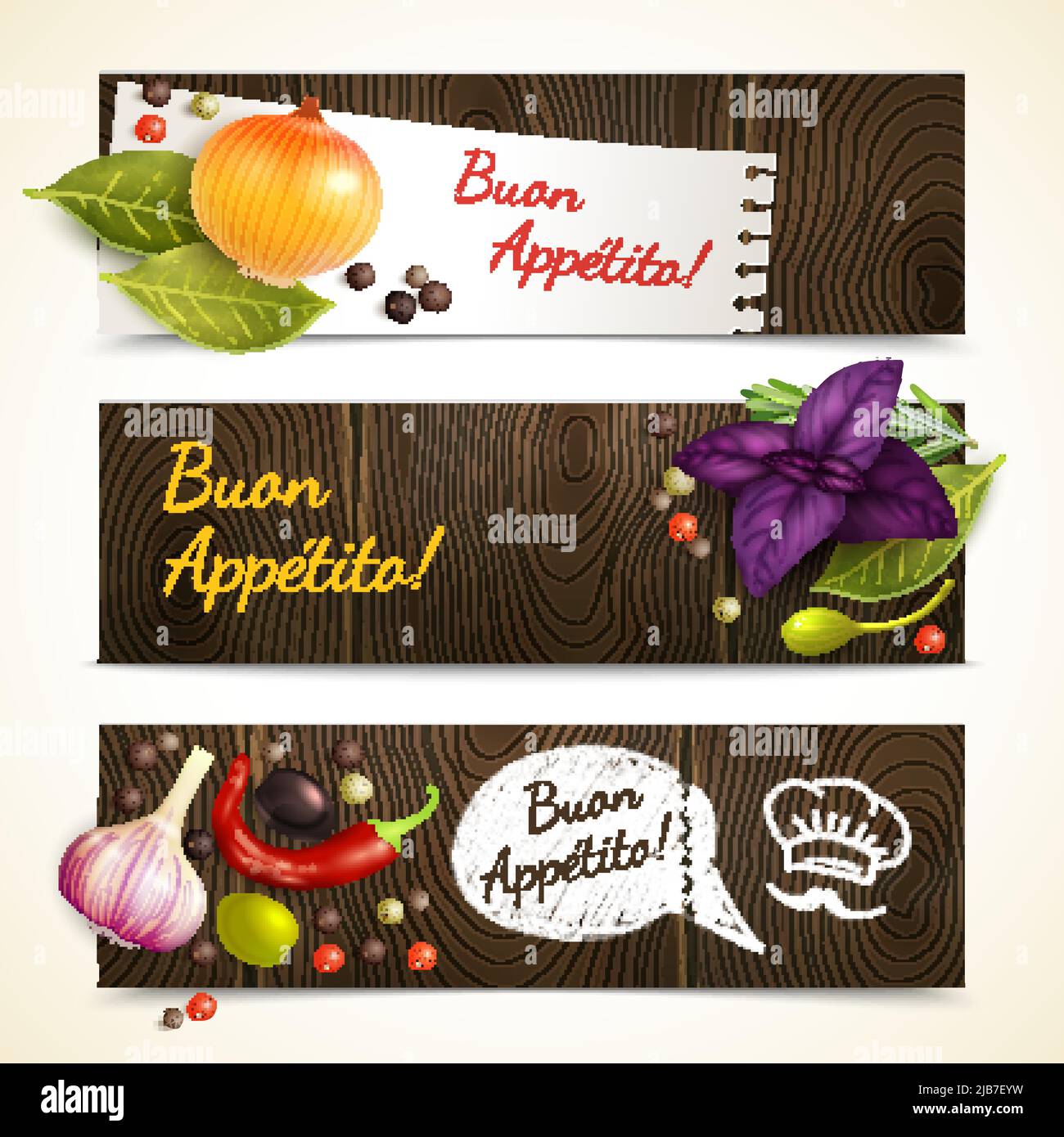 Herbs and spices culinary ingredients banners with Enjoy your meal ...