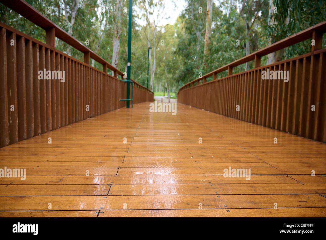 wooden bridge with railings in the park, light brown. Passage bridge ...