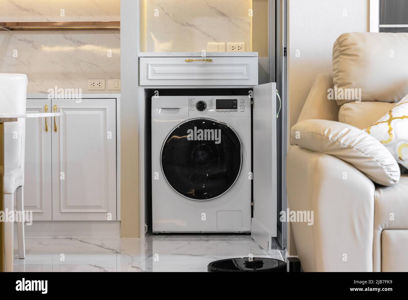 Close-Up white washing machine control panel In laundry room Stock ...