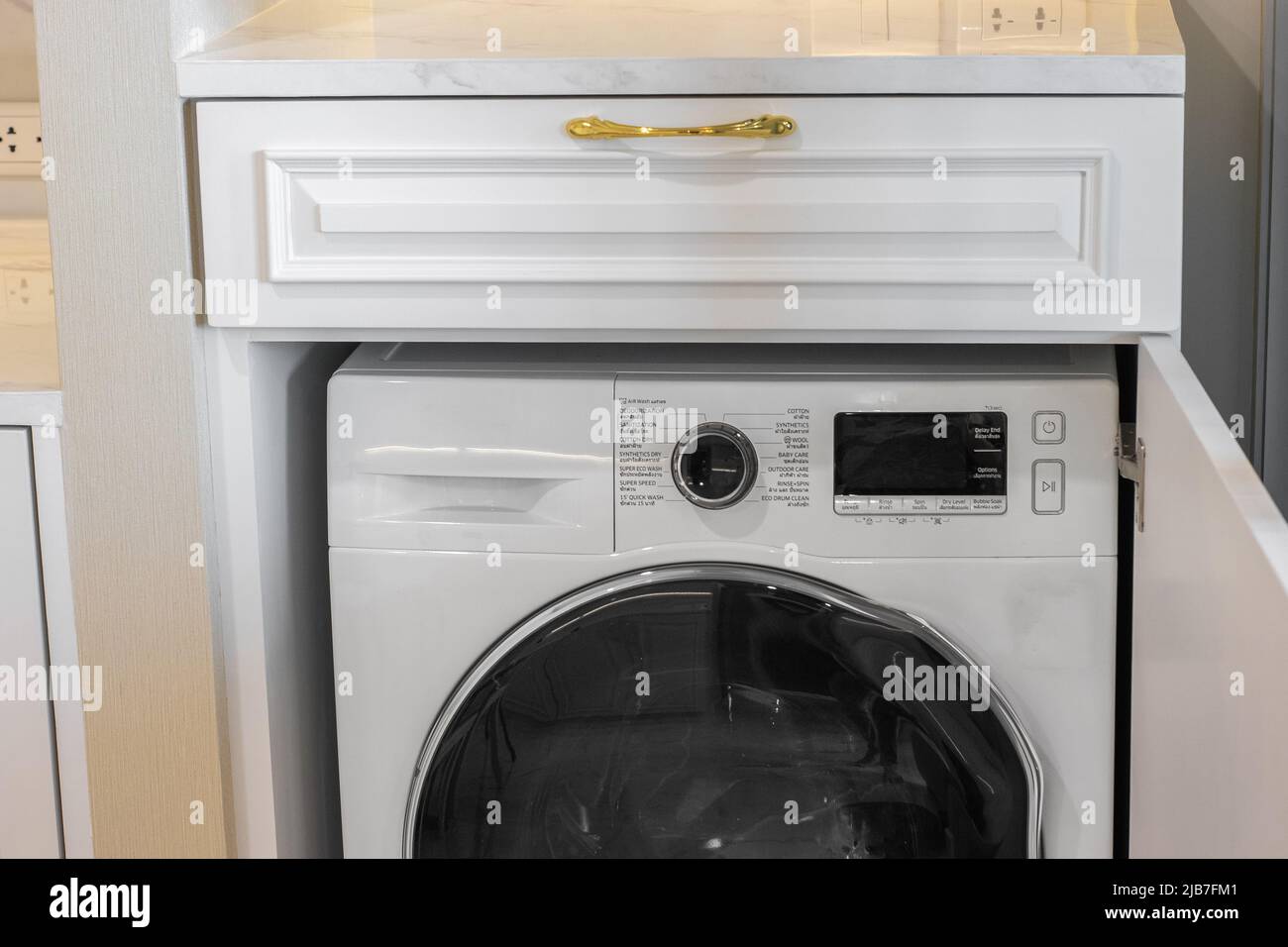 Close-Up white washing machine control panel In laundry room Stock ...
