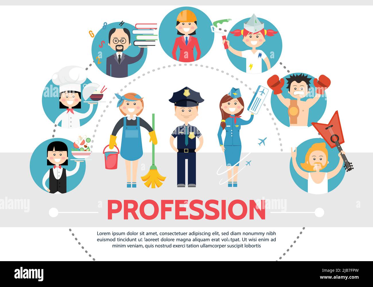 Flat professional workers concept with waitress chef teacher engineer ...