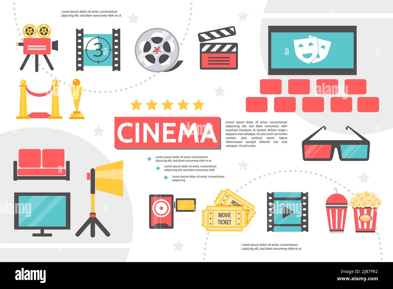 Flat cinematography infographic template with movie camera filmstrip ...