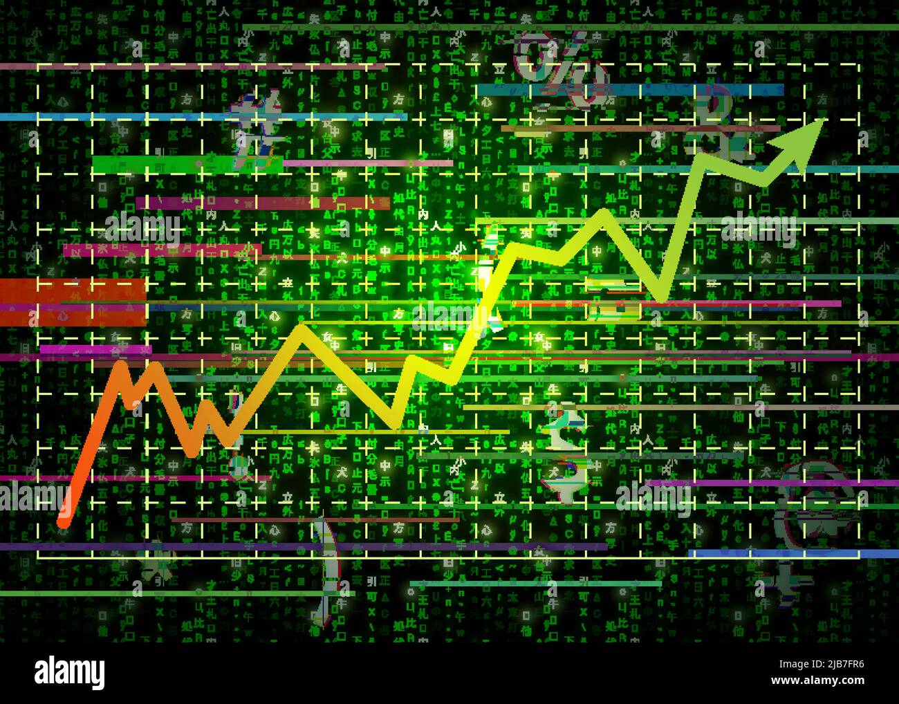 Glitch green matrix symbols with grow trade graph Stock Vector Image ...