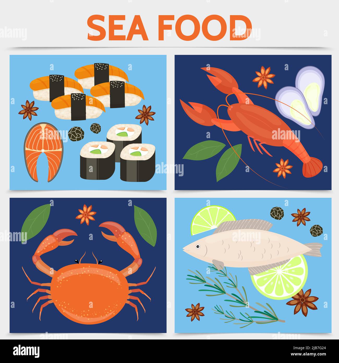 Flat seafood square concept with crab fish lobster salmon steak sushi ...
