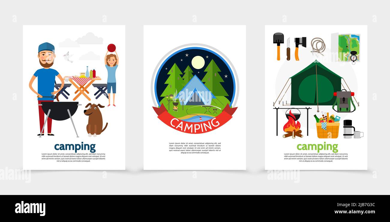 Flat outdoor recreation posters with barbecue party summer camping tent ...