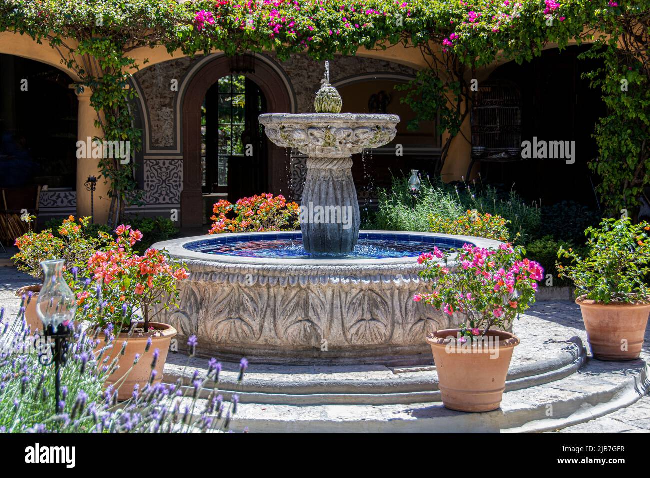 A beautiful, fountain surrounded by potted flowers. San Miguel de ...