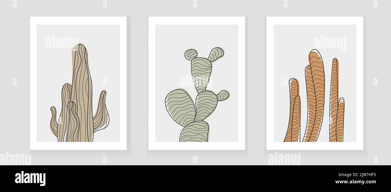 Cactus boho vector set in line art style. Ethnic tribal cactus in hand ...