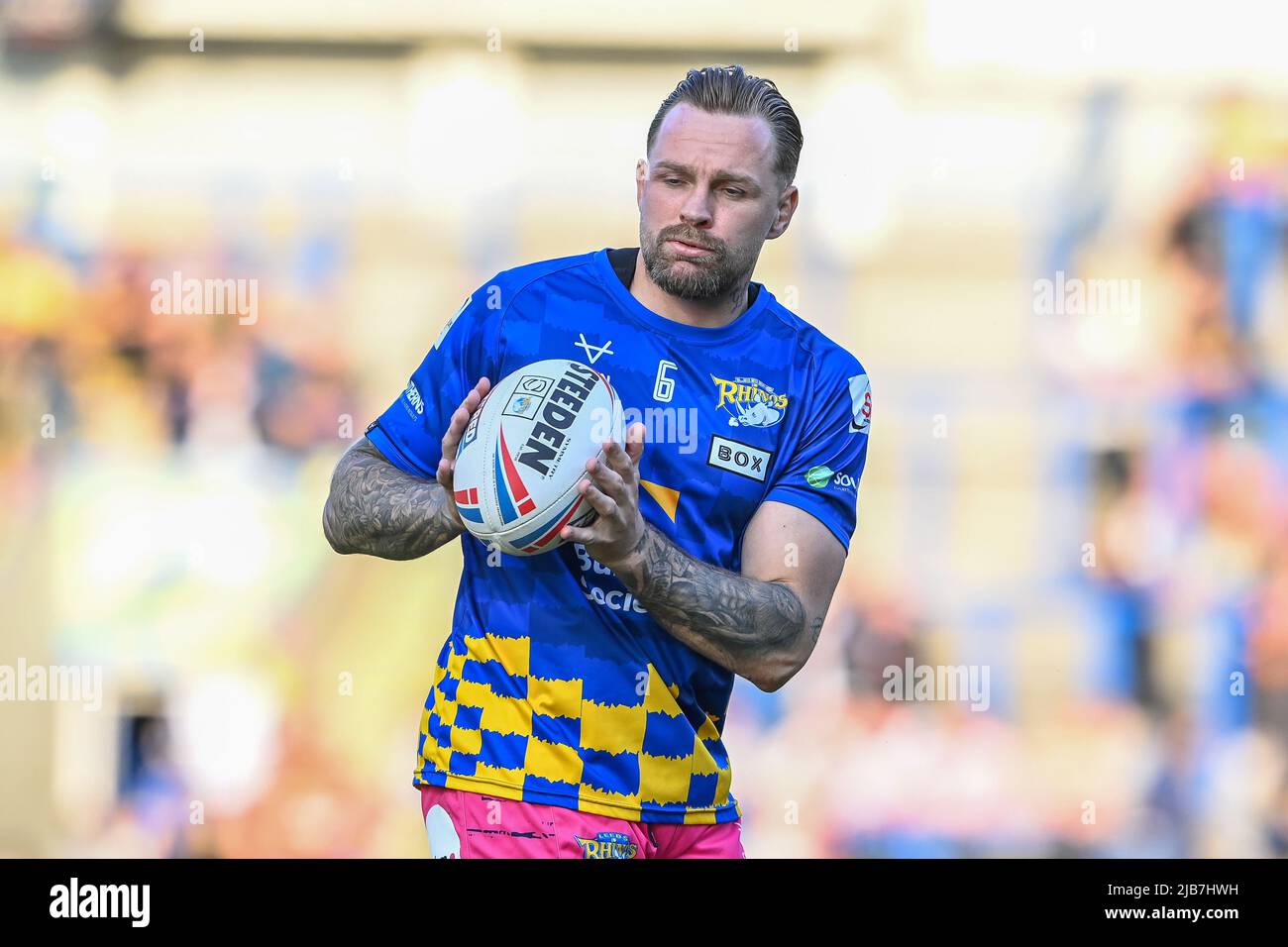 Blake Austin #6 of Leeds Rhinos during pre match warm up Stock Photo ...