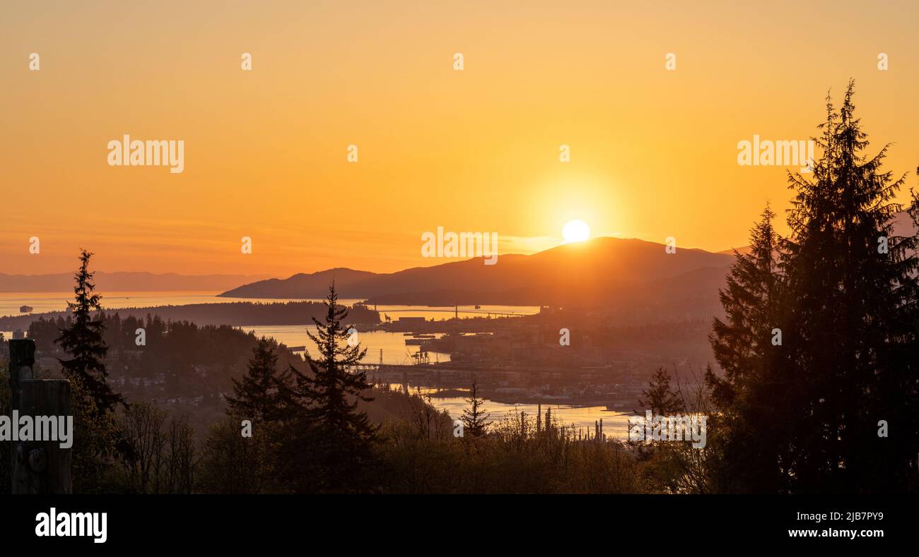 Burnaby Mountain Park in sunset time. Overlooking the upper arms of ...