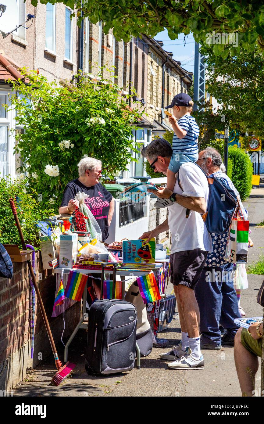People shopping at a stall during a local community Jumble Trail in ...