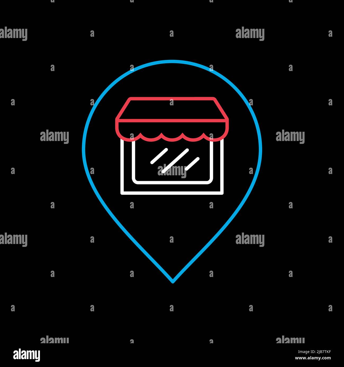 Supermarket store front pin map icon isolated on the black. E-commerce ...