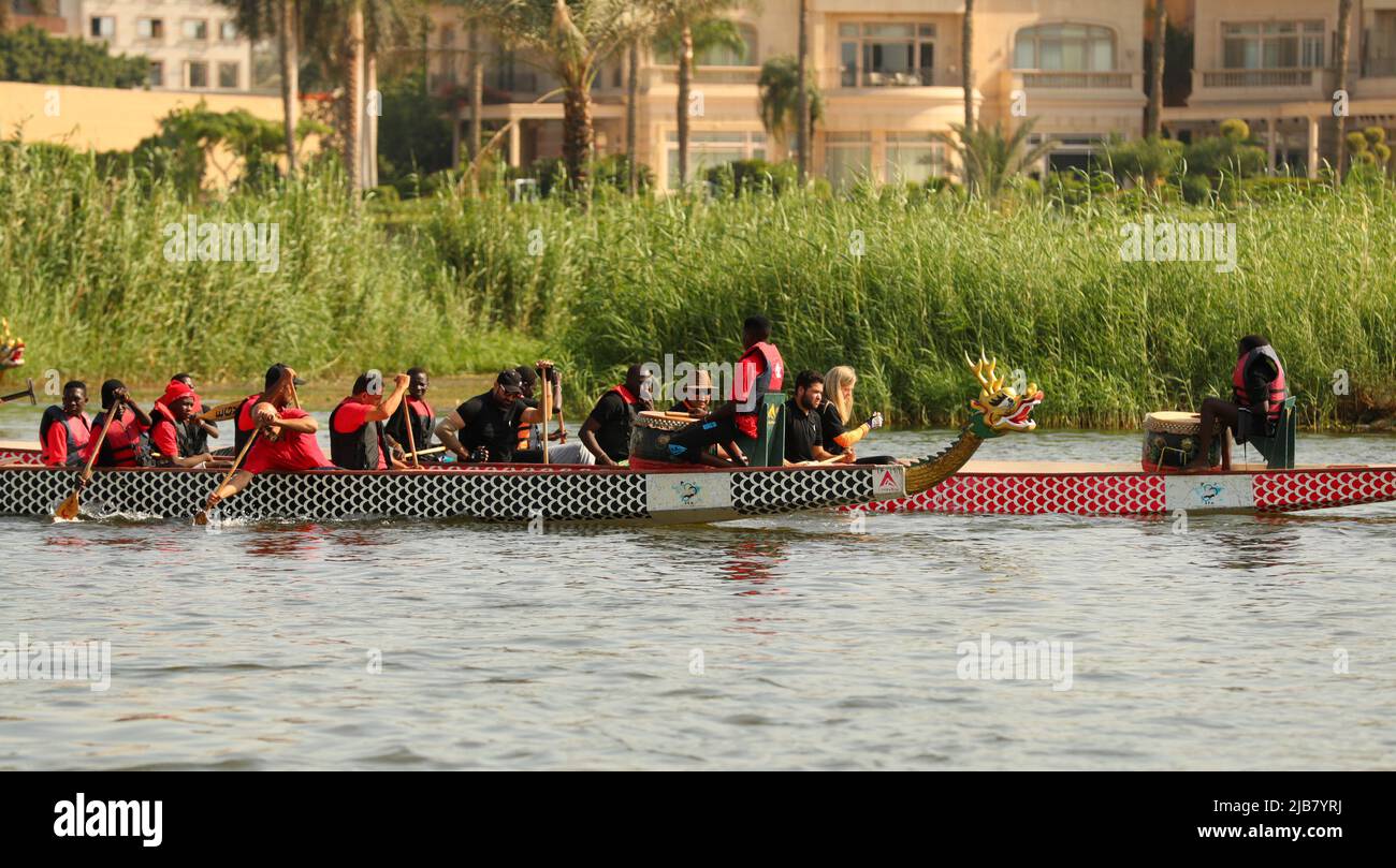 Cairo, Egypt. 3rd June, 2022. People attend a dragon boat race ...