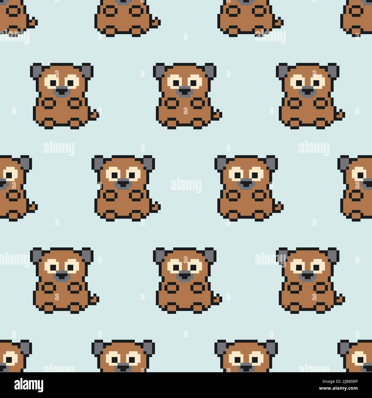Cute pixel brown dog pattern on light blue background. 8 bit cartoon ...