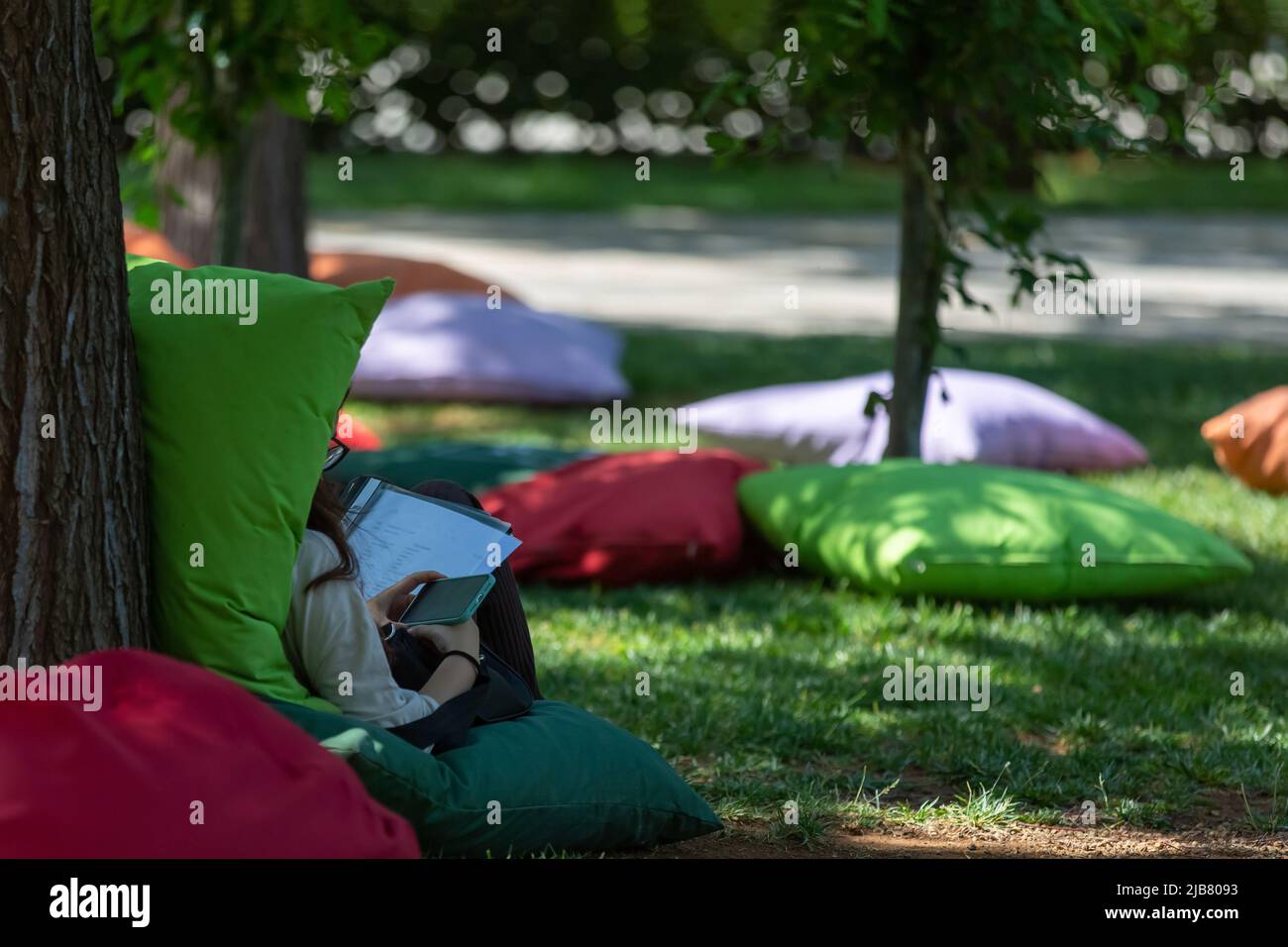 Student studying on lawn and cushions in university garden Stock Photo ...