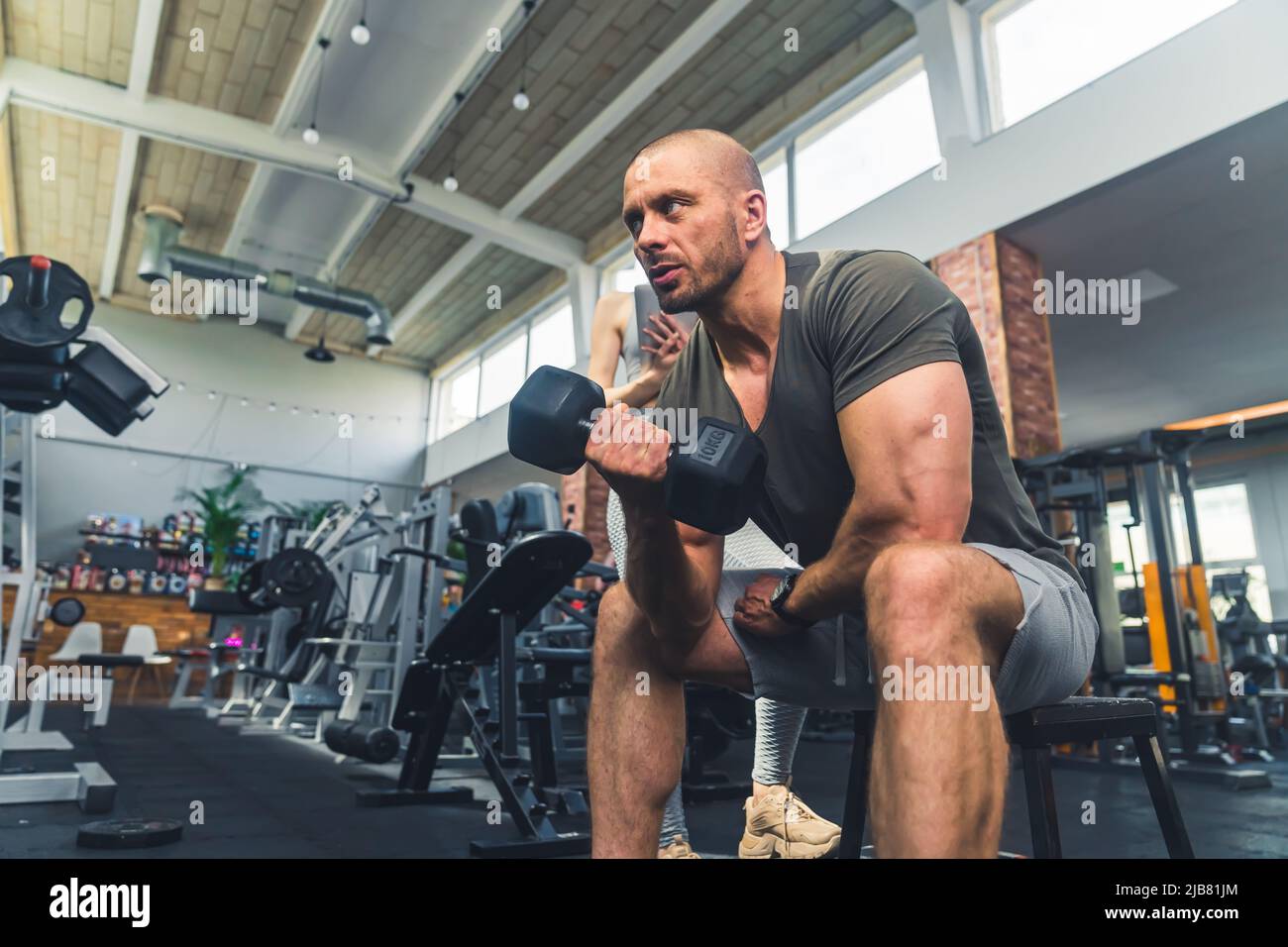 Bicep curl free weights training fitness man working out arms lifting ...