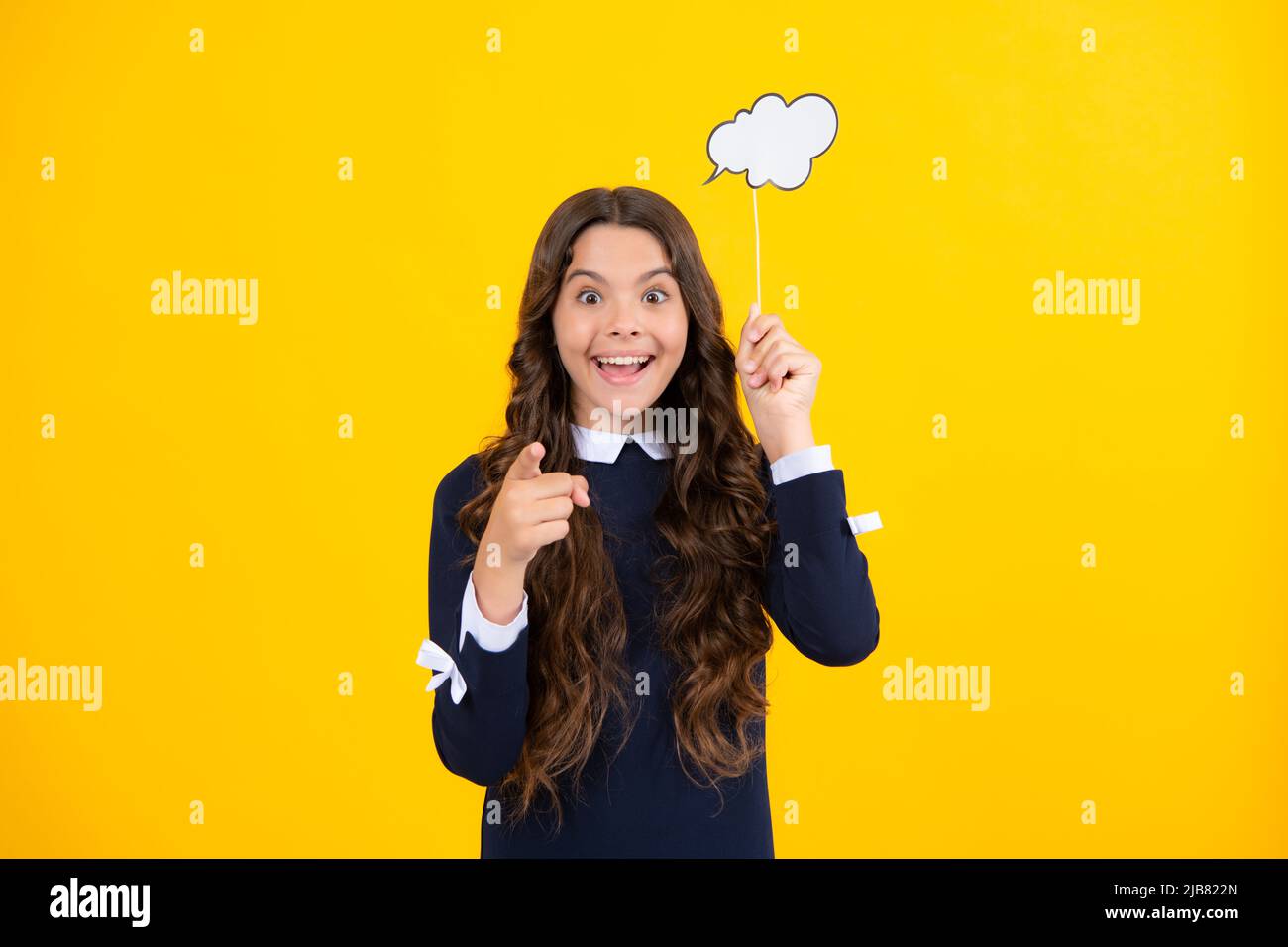Teen girl holding clouds empty space, thinking bubble, comment cloud ...
