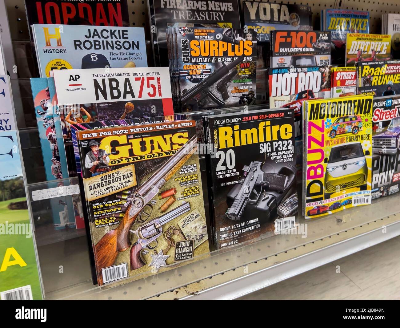 Seattle, WA USA - circa May 2022: Angled view of gun magazines for sale ...
