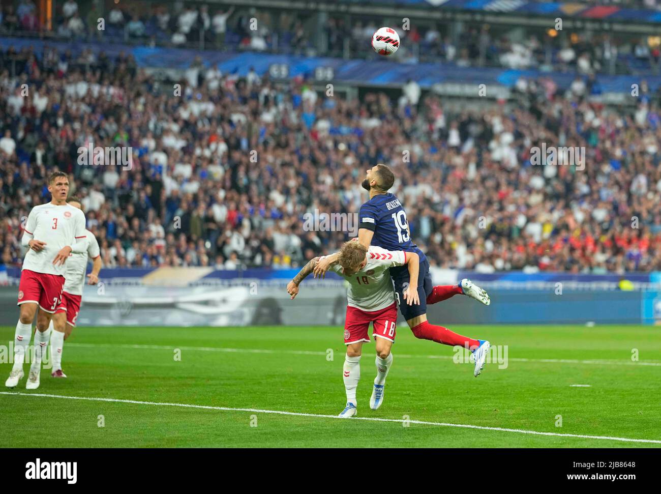 Stade de France, Paris, France. 3rd June, 2022. Karim Benzema heads on goal during France ...