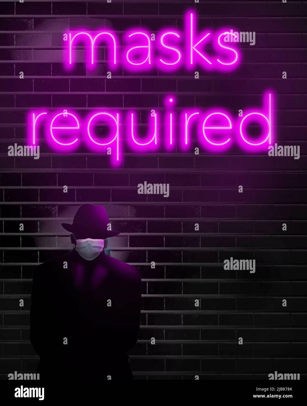 A neon sign on a brick wall notifies people that masks are required and ...
