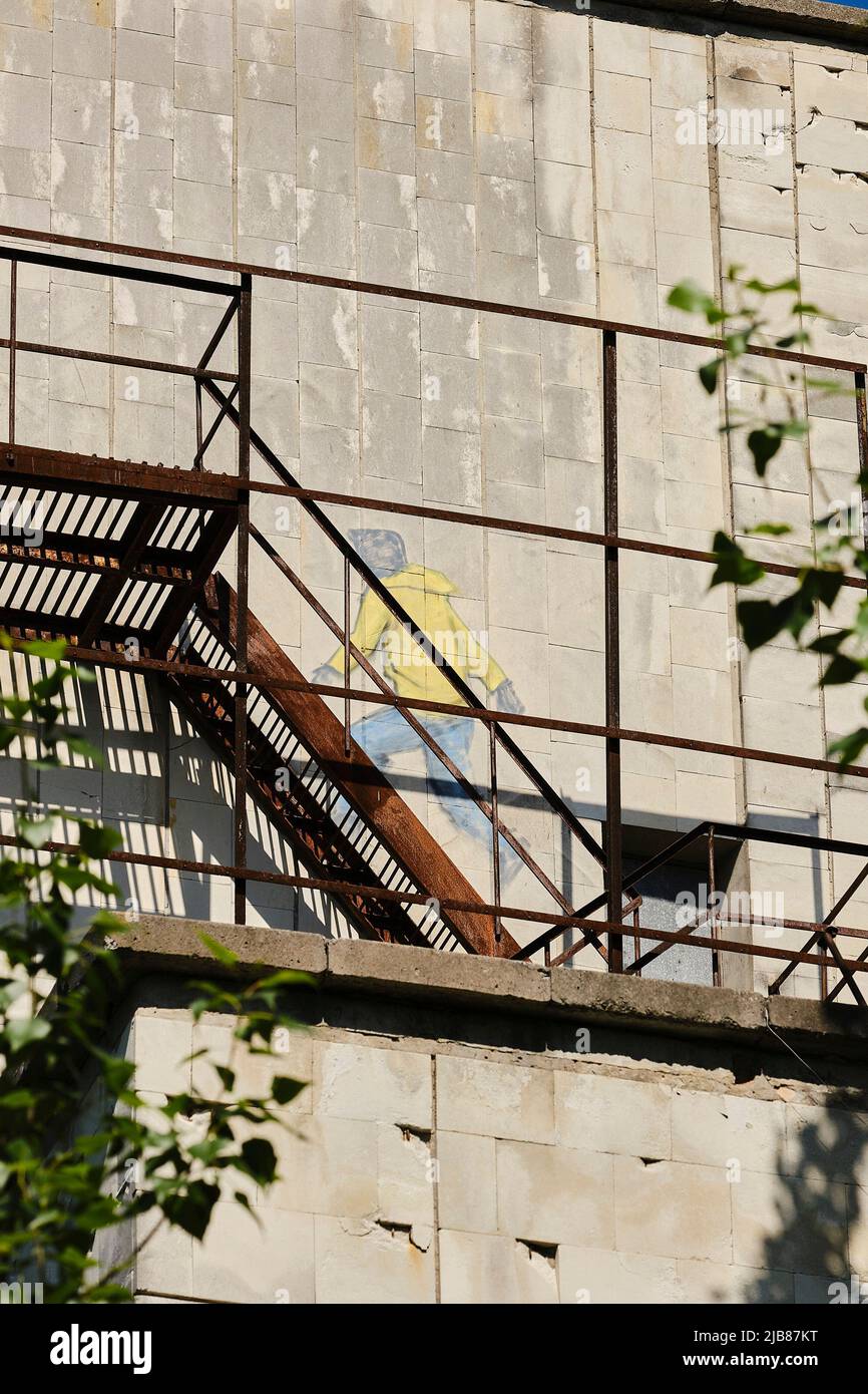 Pripyat, Ukraine. 03rd June, 2022. Graffiti made by street artists seen ...