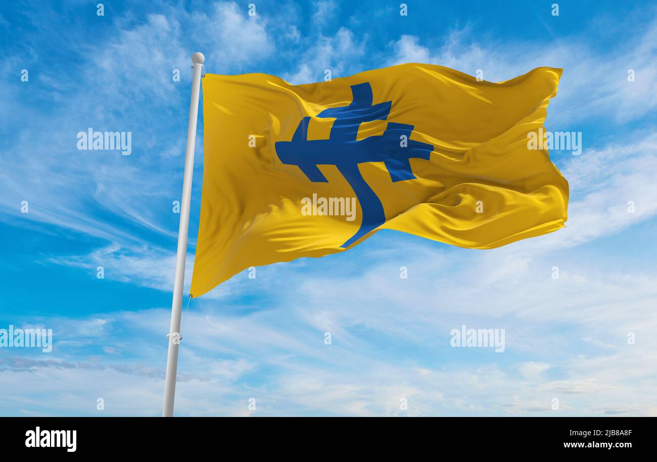 official flag of Kopings kommun , Sweden at cloudy sky background on ...