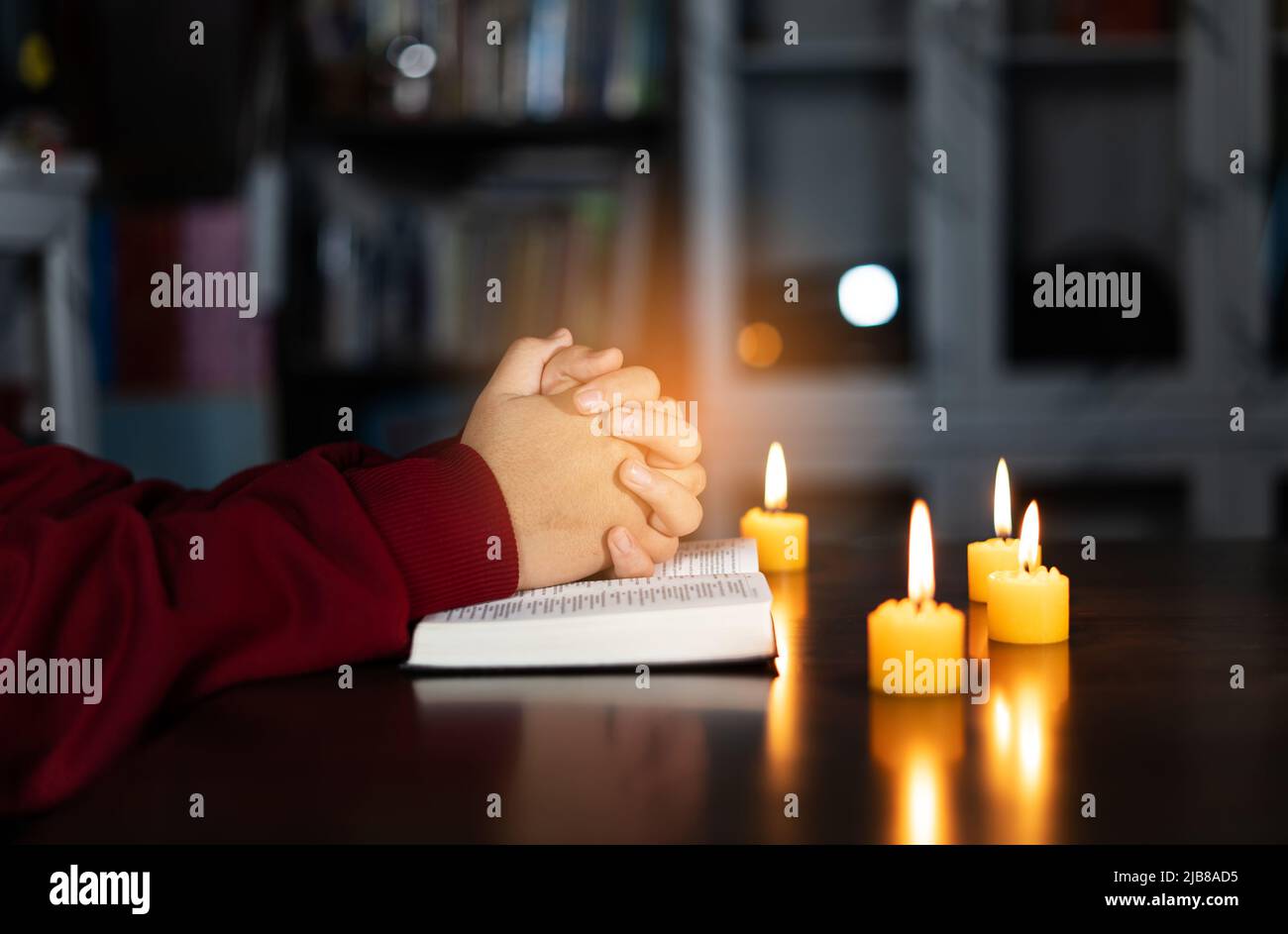 Christian hand while praying and worship for christian religion with ...