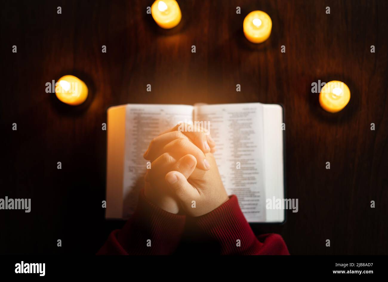 Christian hand while praying and worship for christian religion with ...