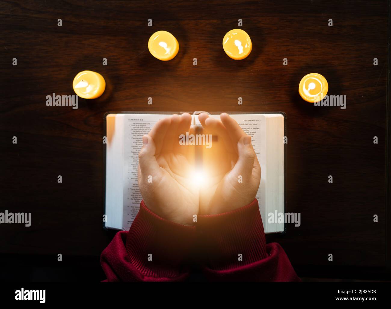 Christian hand while praying and worship for christian religion with ...