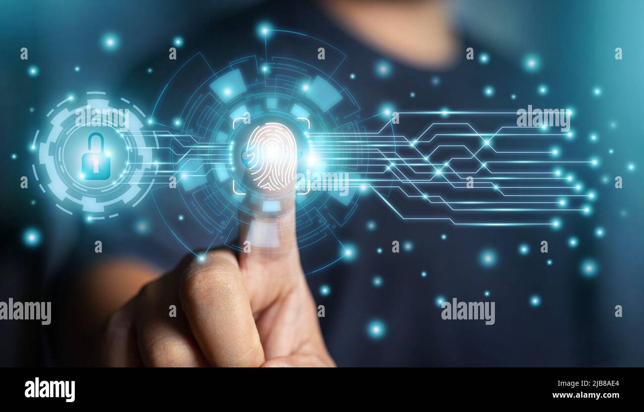 Fingerprint scan provides security access with biometrics identification. New technology ...