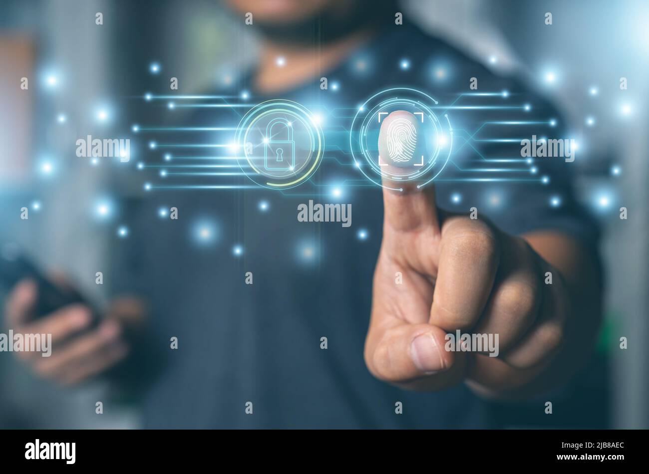 Fingerprint scan provides security access with biometrics identification. New technology ...
