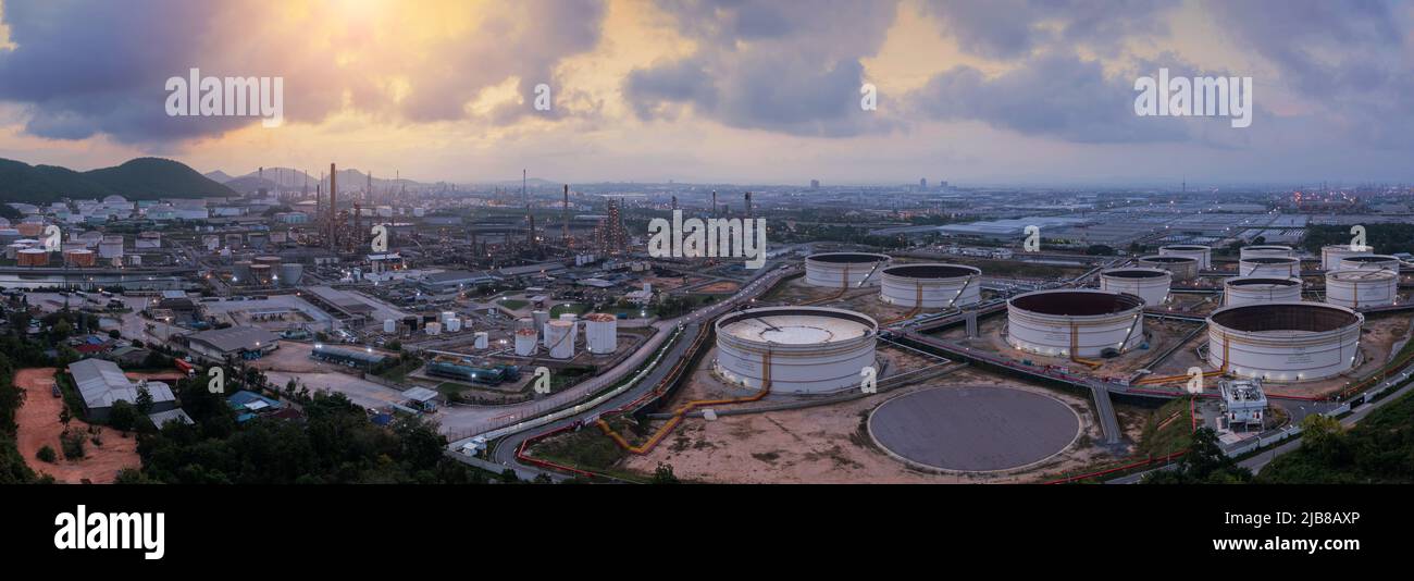 Panorama image. Aerial view drone of oil storage tank with oil refinery ...