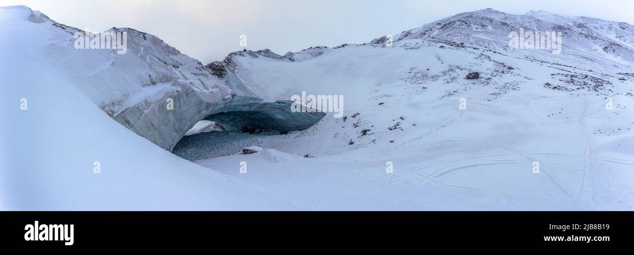 The outside of a historic ice cave located outside of Haines Junction ...