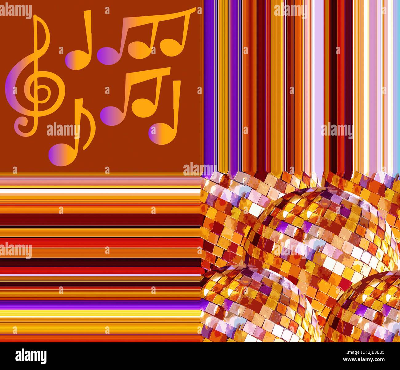 Disco balls, stripes and music notes in a bright and colorful dance ...