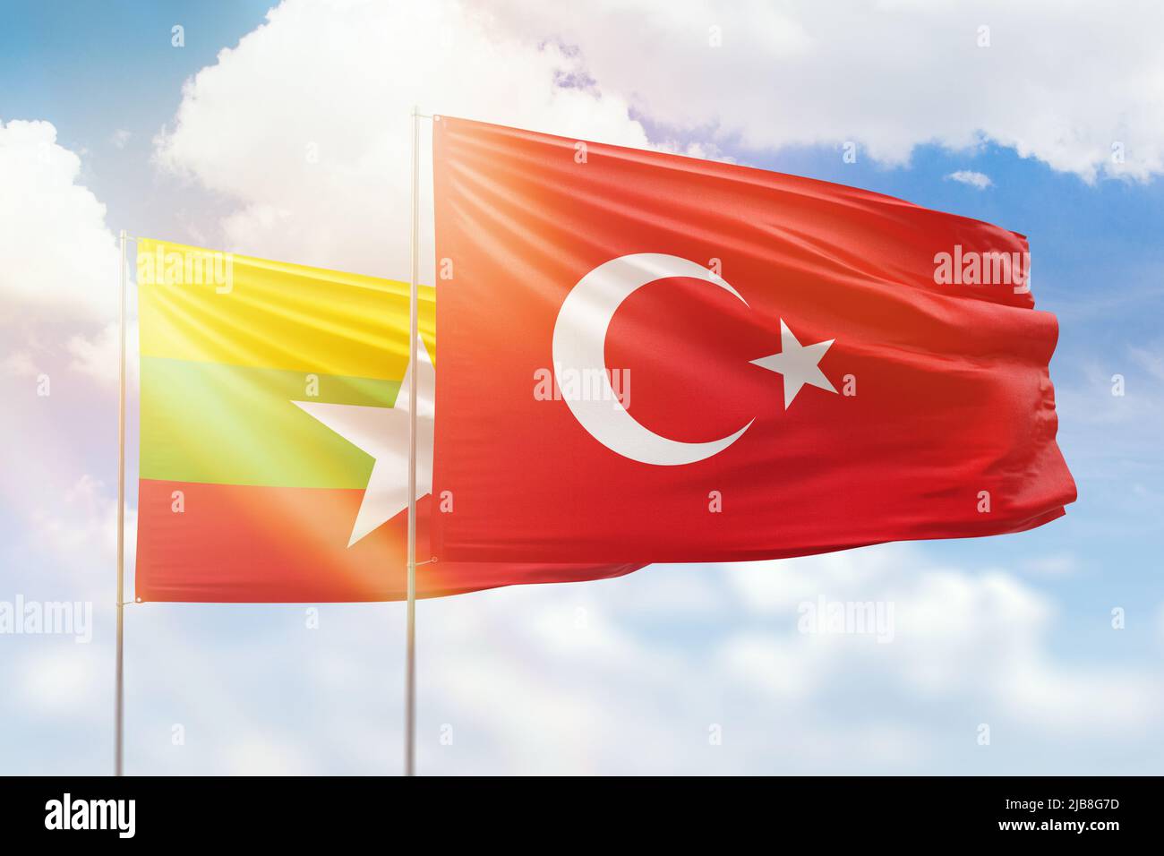 Sunny blue sky and flags of turkey and myanmar Stock Photo - Alamy