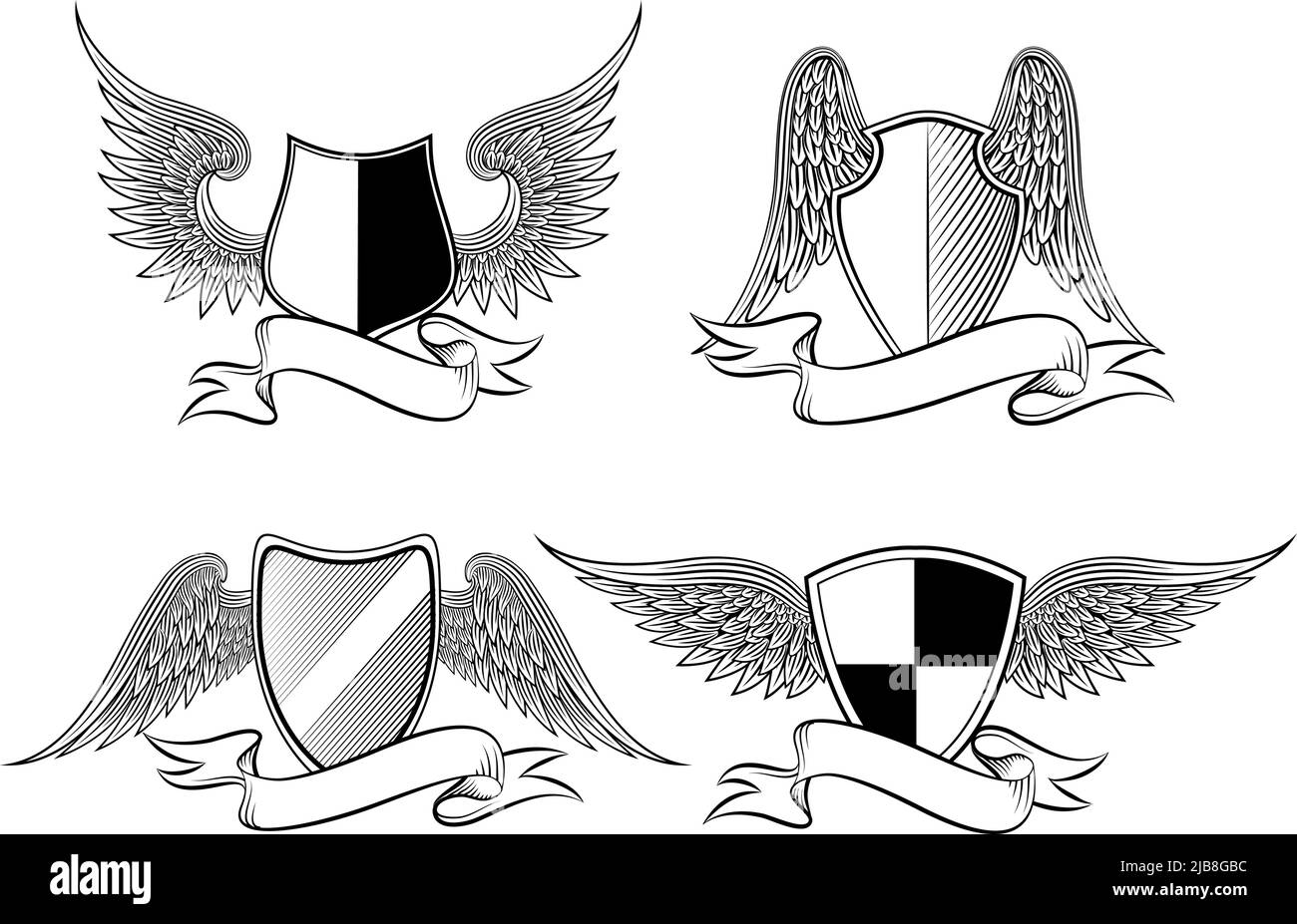 Heraldic shield with wings and ribbons for a logo, emblem, symbol or ...