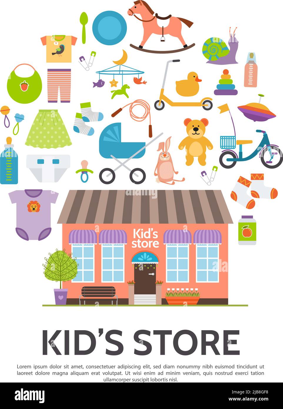 Flat kids store concept with shop building toys clothing kick scooter ...