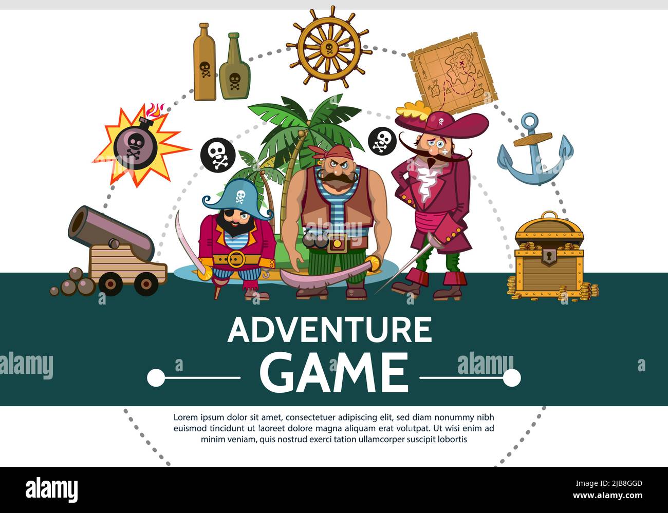 Cartoon adventure game UI elements composition with cannon bomb pirates ...