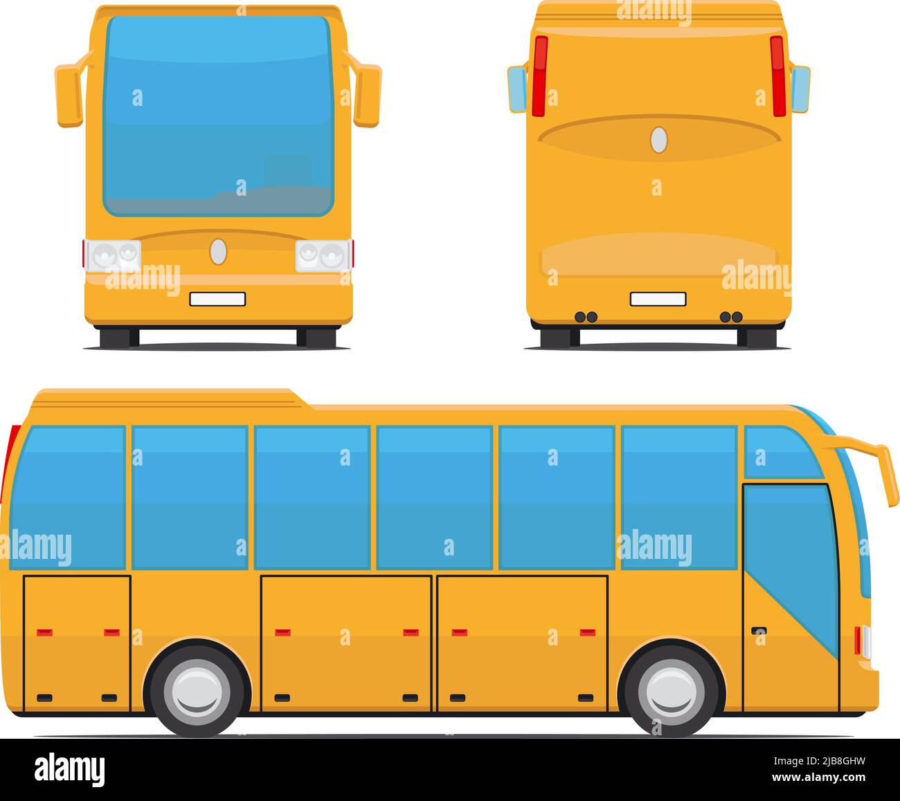 Yellow bus rear, front and side. Coach and travel, tour and transport ...