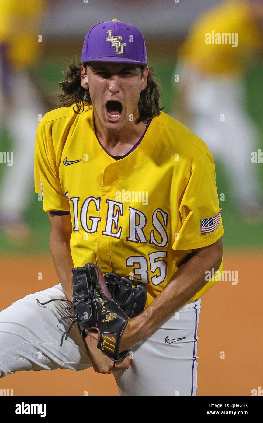 Jun 3, 2022: LSU pitcher Paul Gervase (35) celebrates a win during a ...