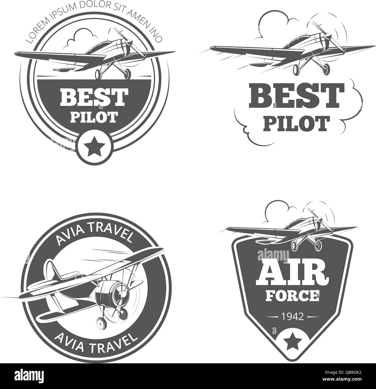Vintage biplane and monoplane emblems set. Airplane and aircraft logos ...