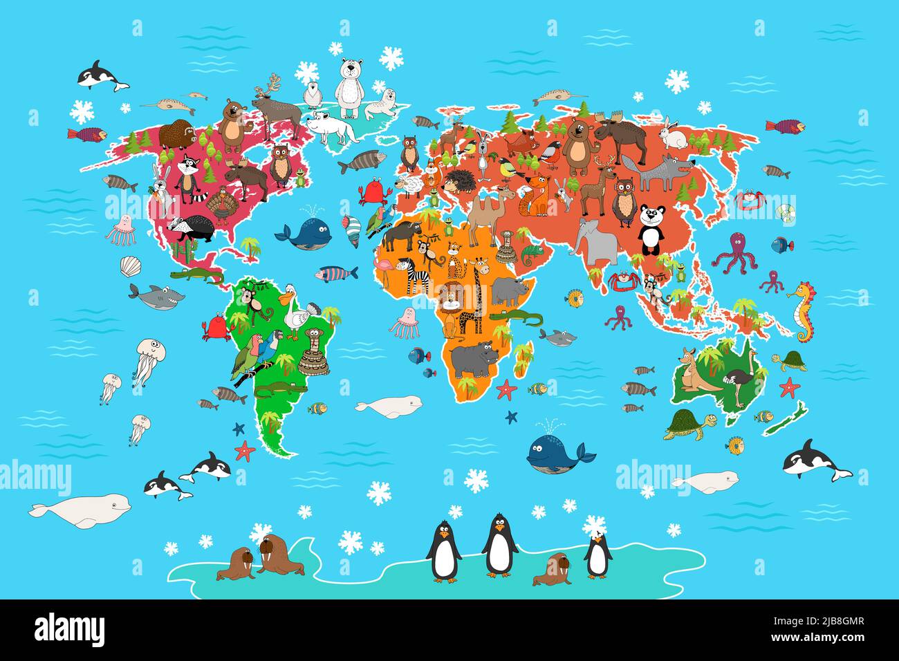 World map with animals. Monkey and hedgehog, bear and kangaroo, hare ...