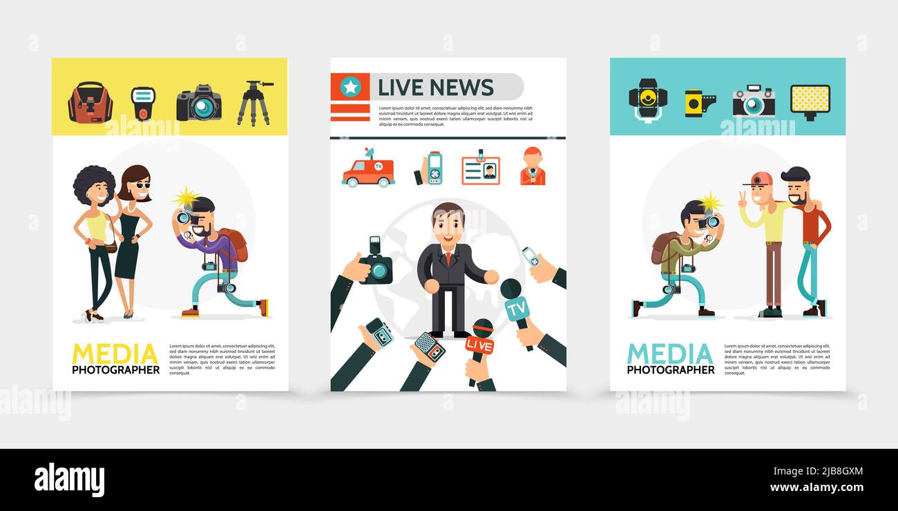Flat mass media posters with paparazzi photographer professional ...