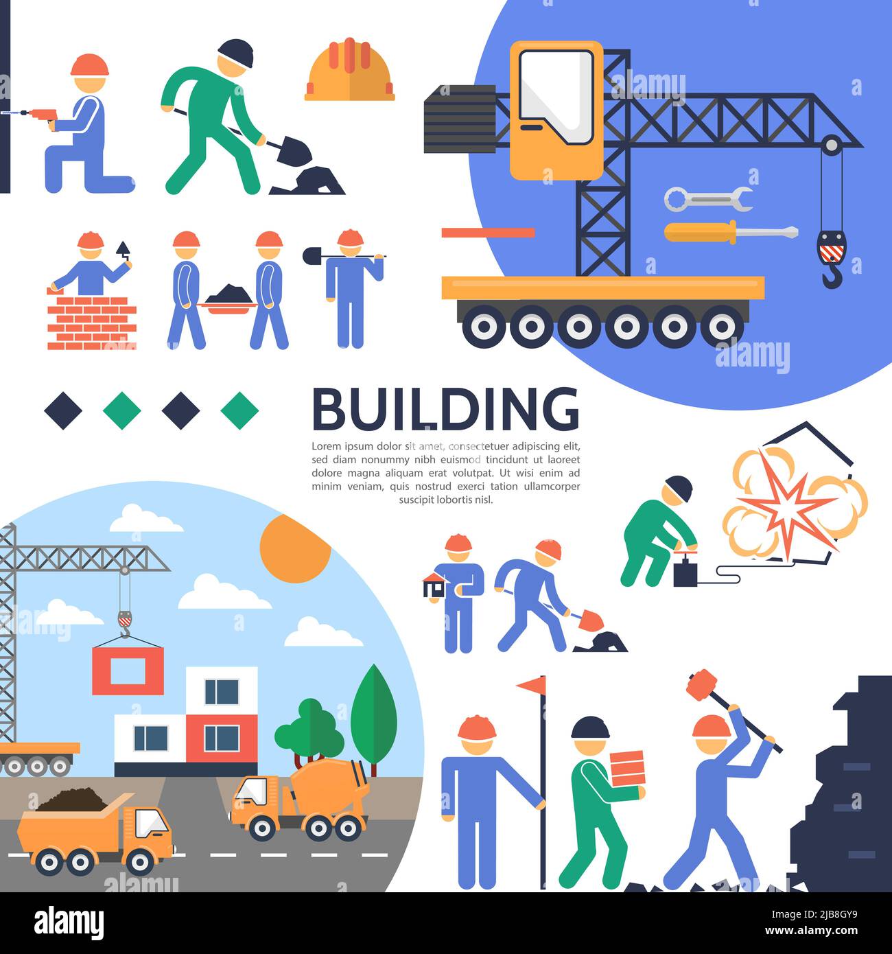 Flat building industry template with construction workers tools crane ...