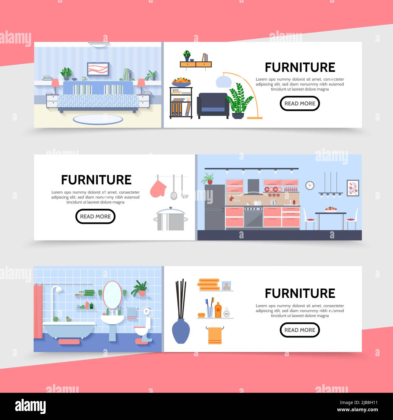 Flat furniture horizontal banners with bathroom kitchen and living room ...